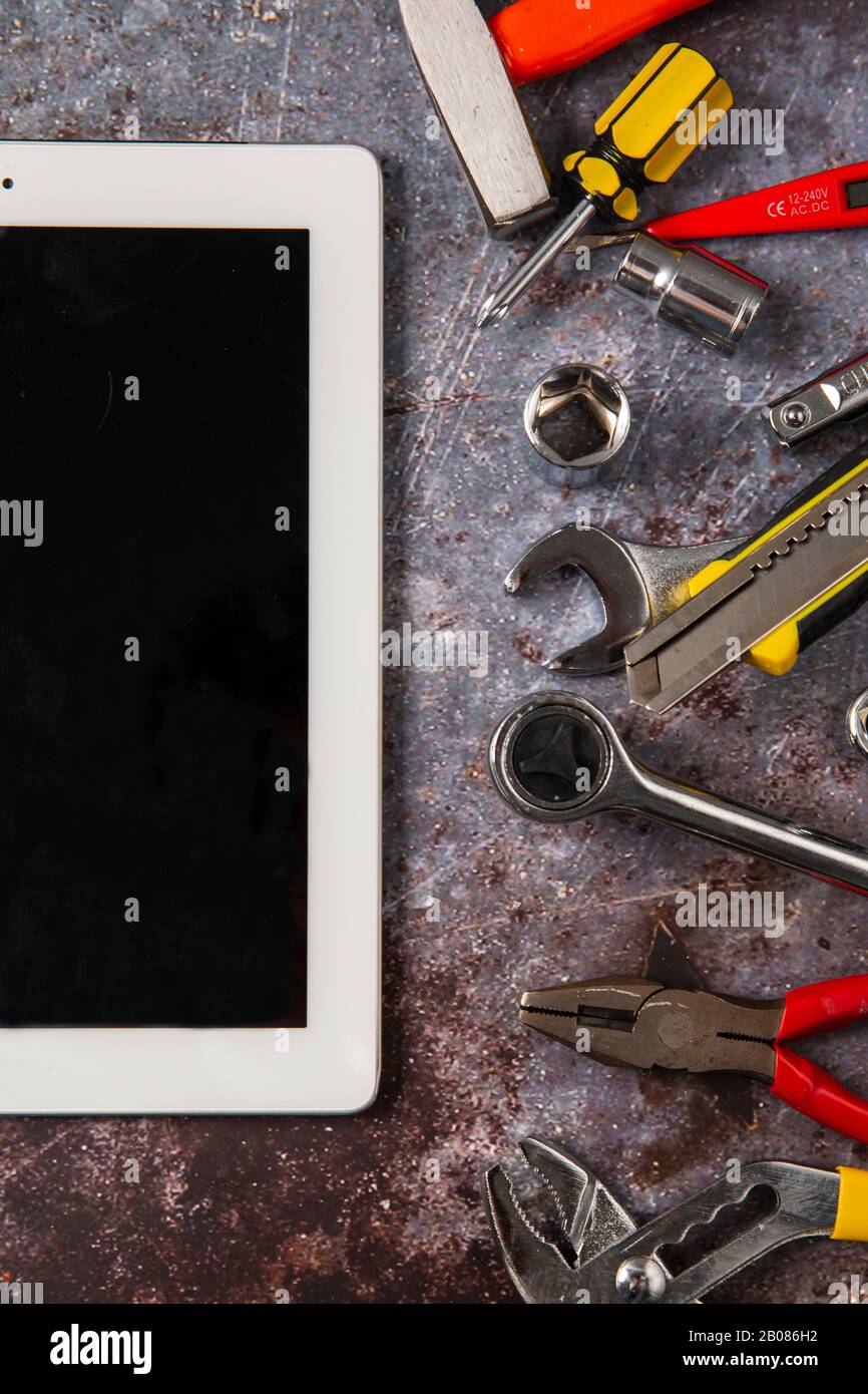 Hand work tools or construction tools top view 140 Stock Photo - Alamy