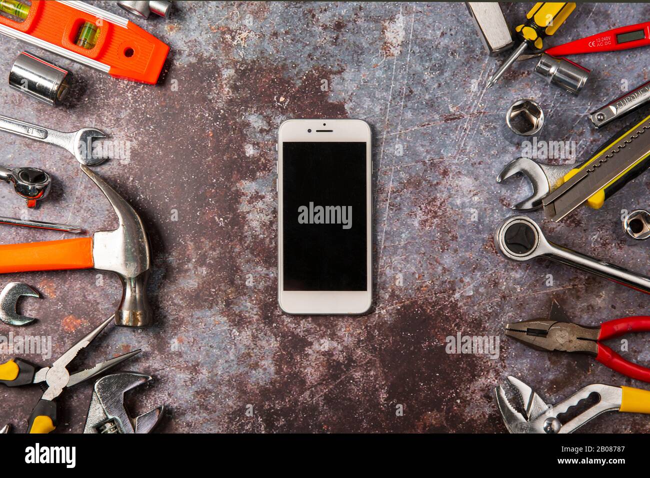Hand work tools or construction tools top view 099 Stock Photo - Alamy