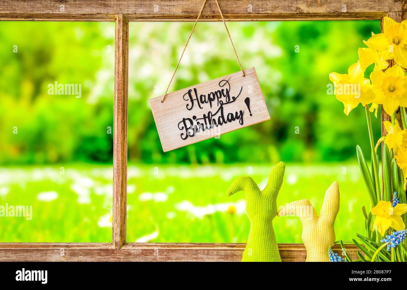 Vintage Window Frame, Sign, Calligraphy Happy Birthday, Grass Meadow ...