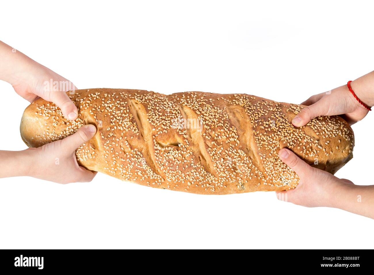People are fighting for food. Two people tear a loaf of bread in half ...