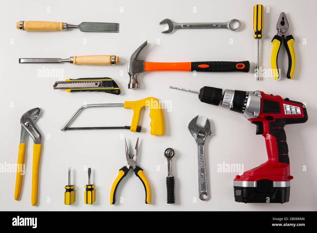 Hand work tools or construction tools top view 045 Stock Photo - Alamy