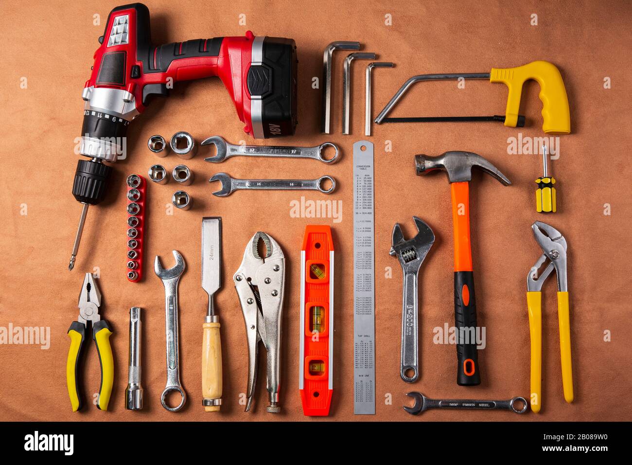 Hand work tools or construction tools top view 020 Stock Photo - Alamy