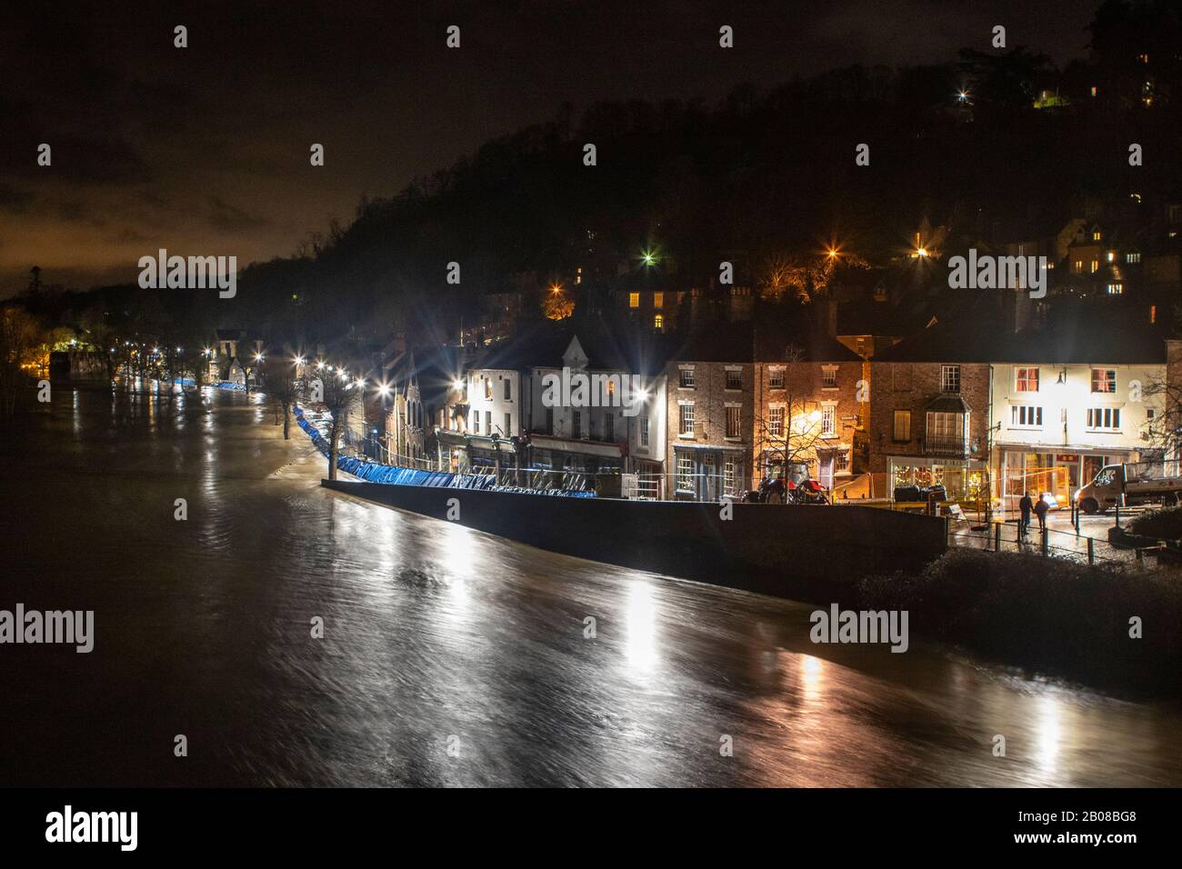 Ironbridge, UK. 18th Feb 2020. The flood defences along the Wharfage in ...