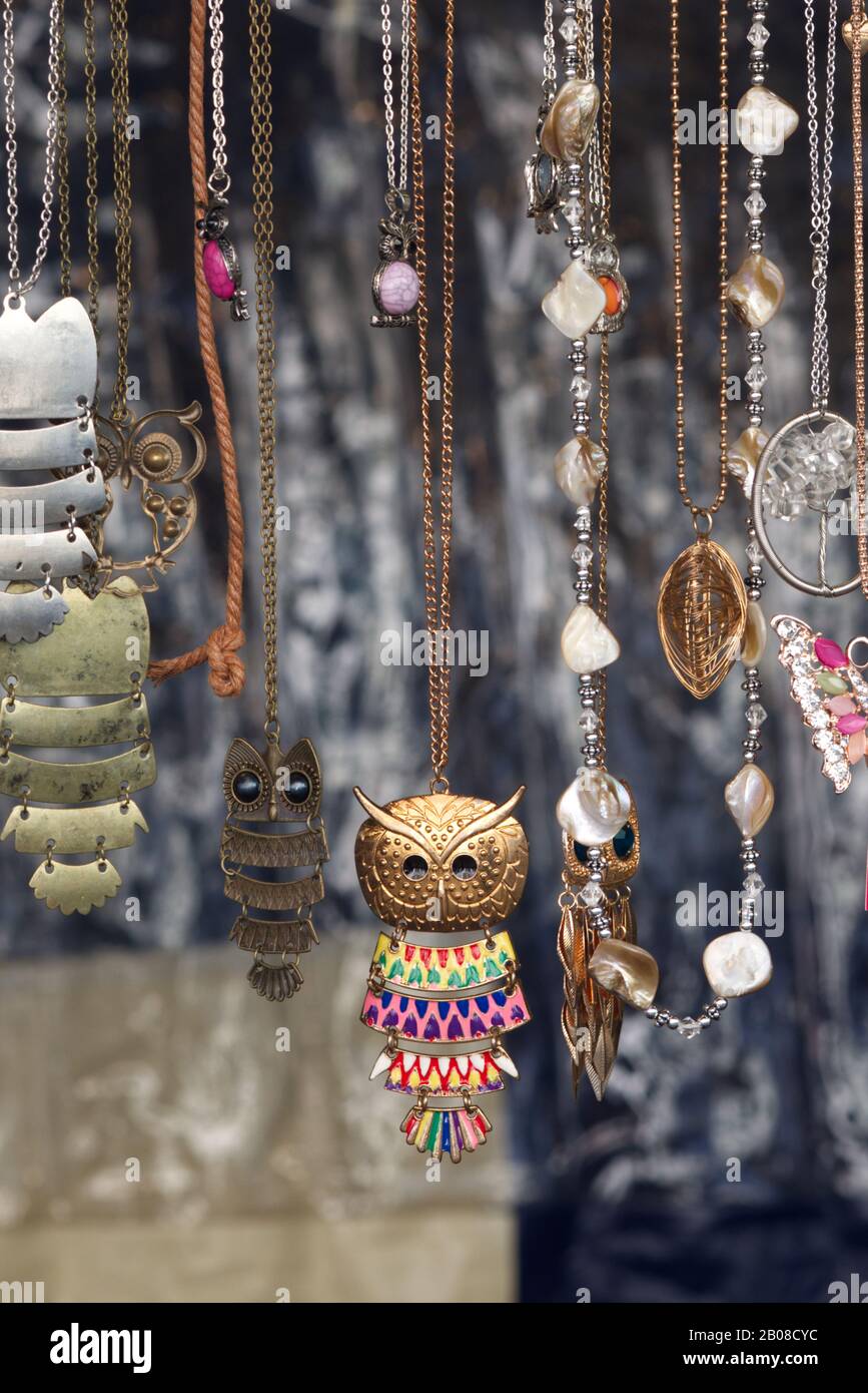 Hand made jewellery on a market stall Stock Photo - Alamy