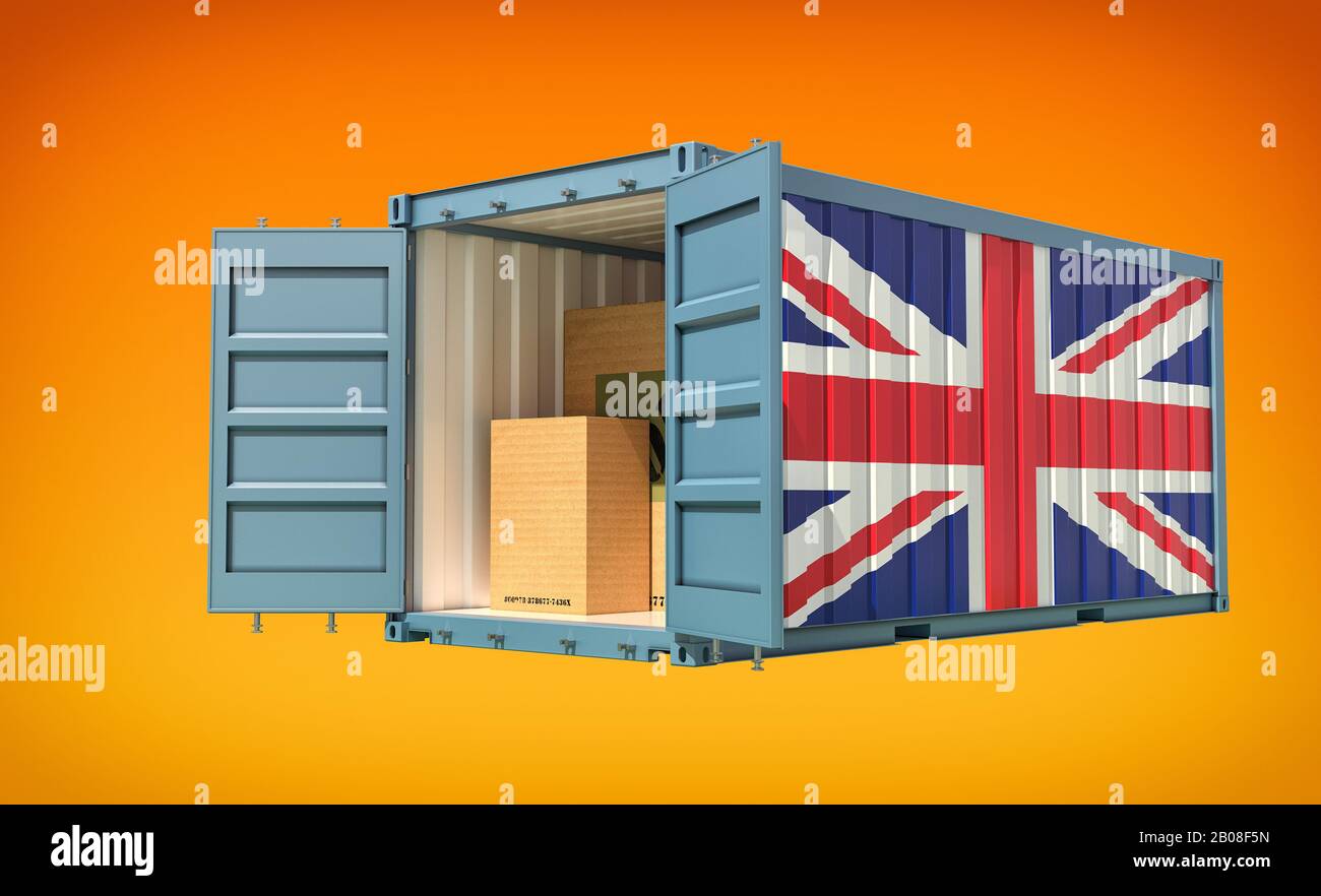 Shipping Container with United Kingdom flag - 3D Rendering Stock Photo ...