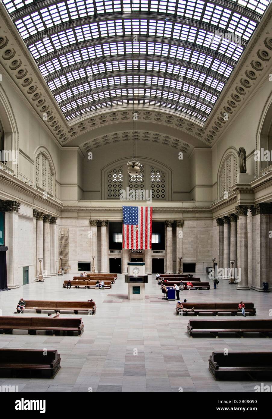 Union Station interior shot of the waiting area and the us flag under a ...