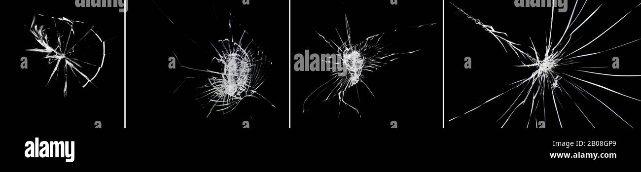Collage set of cracked broken glass windows on black background. Bumps ...