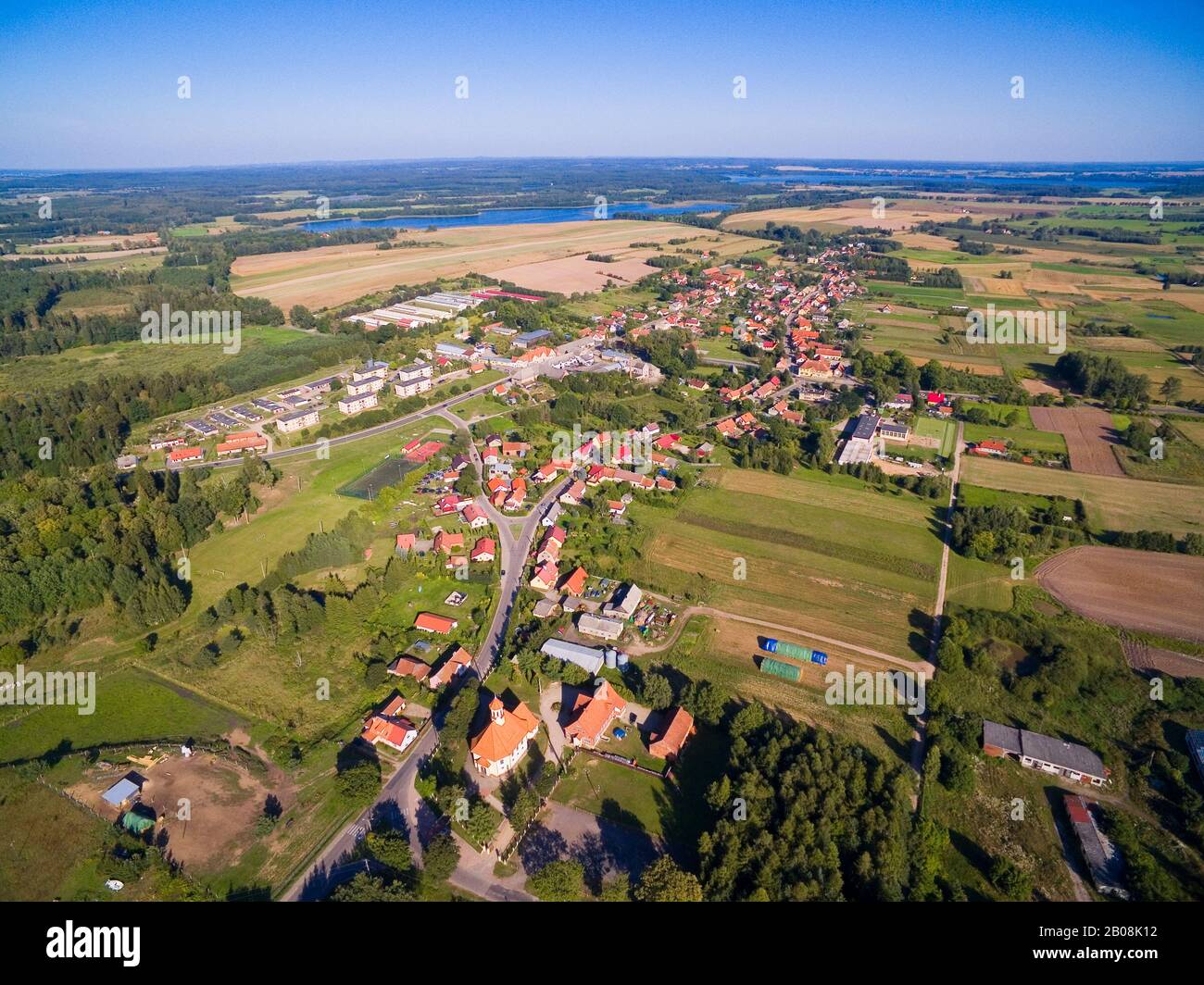 Aerial view of beautiful Pozezdrze village, Mazury, Poland (former ...
