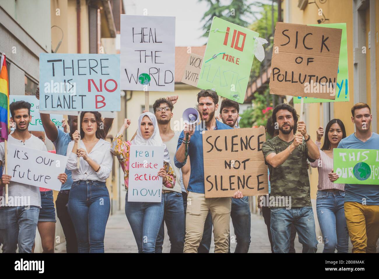 Public demonstration on the street against global warming and pollution ...