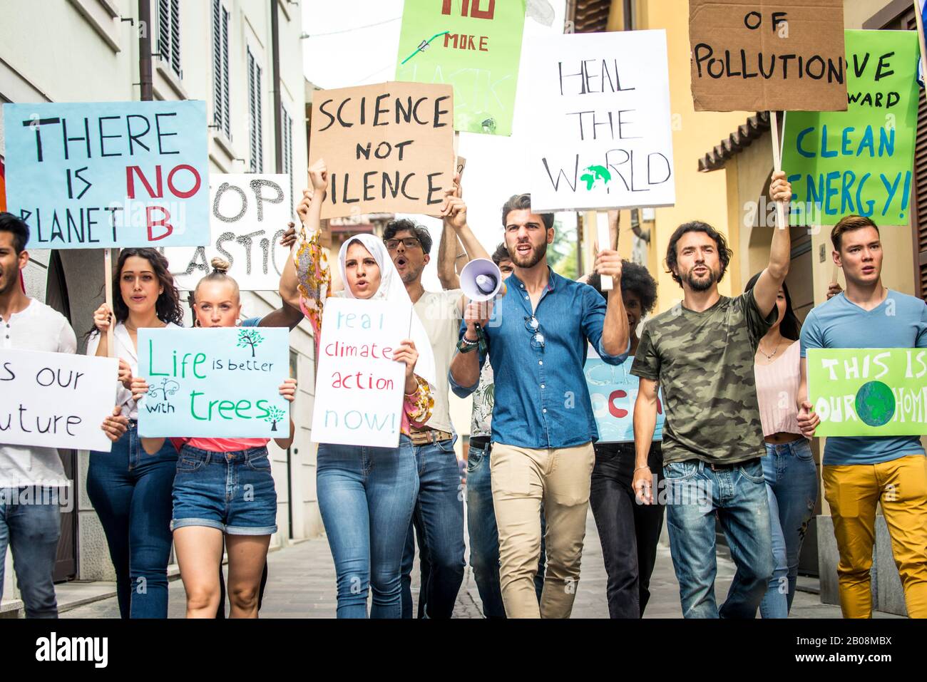 Public demonstration on the street against global warming and pollution ...