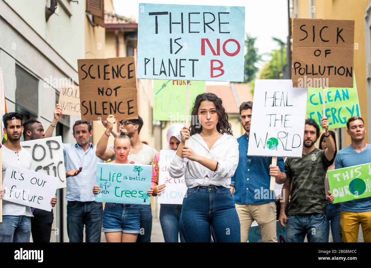 Public demonstration on the street against global warming and pollution ...