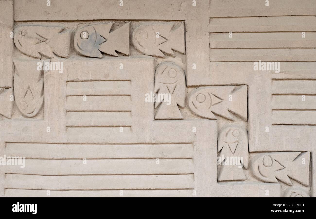 Carved reliefs of fish from the pre-Incan Chimu culture on the adobe ...