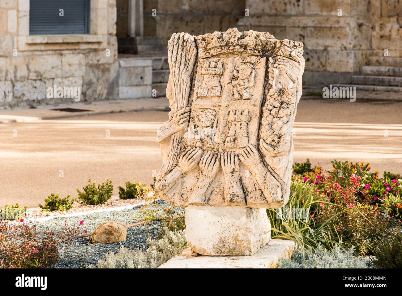 Castromonte, Spain. Emblem of Castile (Castilla) in the garden of the ...