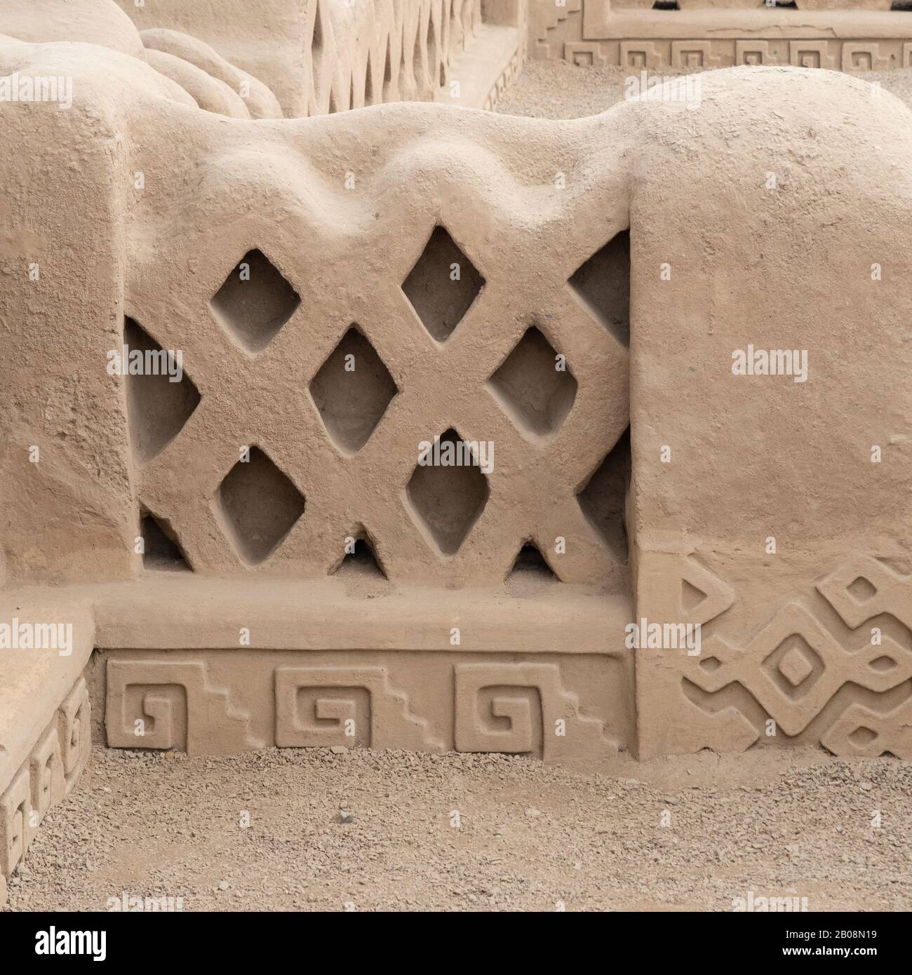 Carvings and reliefs from the pre-Incan Chimu culture in the adobe ...