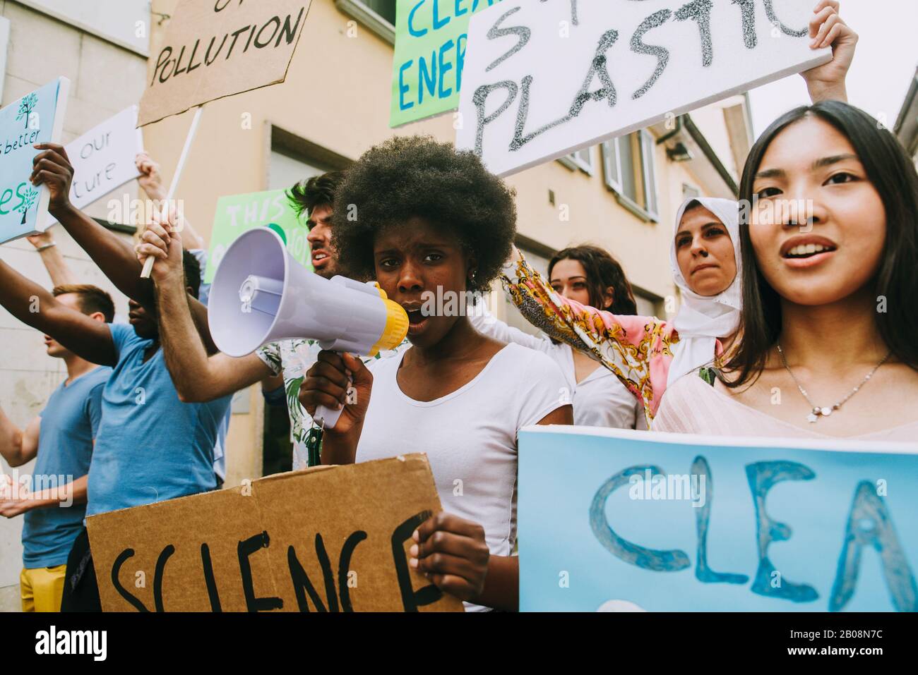 Public demonstration on the street against global warming and pollution ...