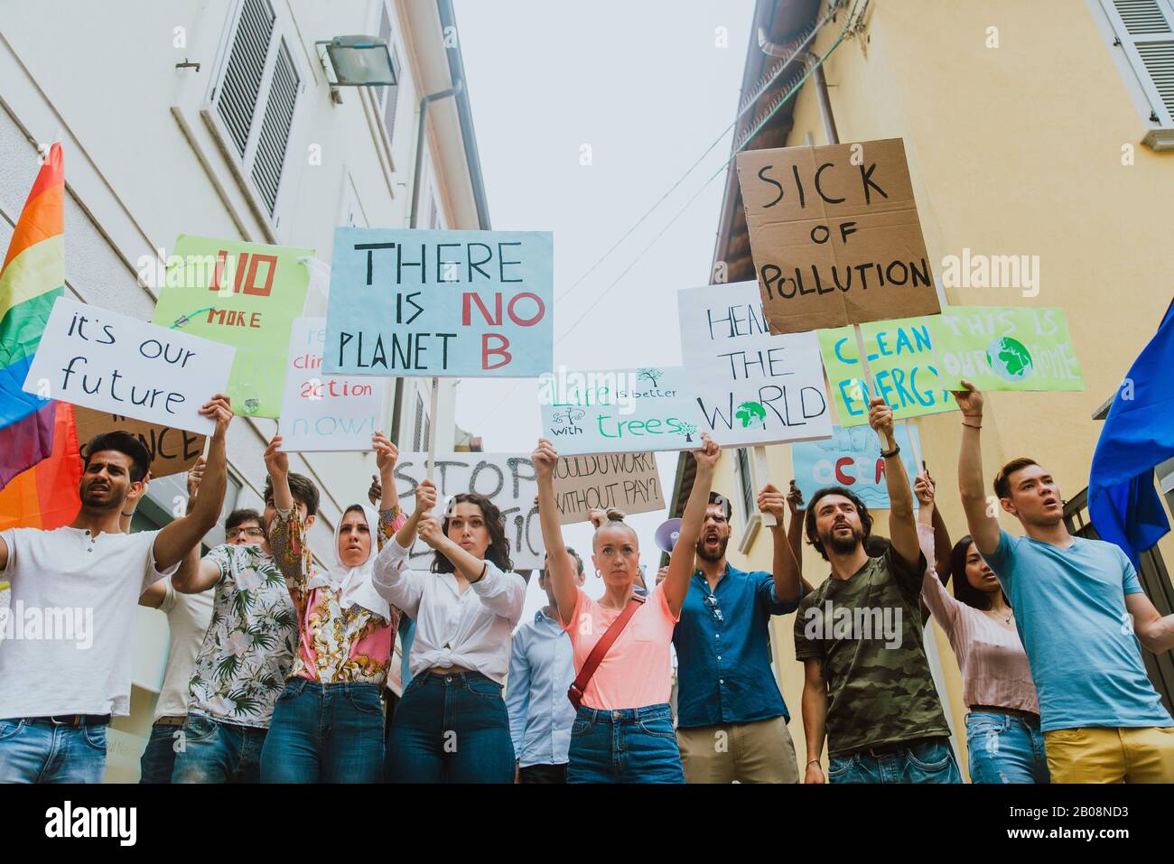 Public demonstration on the street against global warming and pollution ...