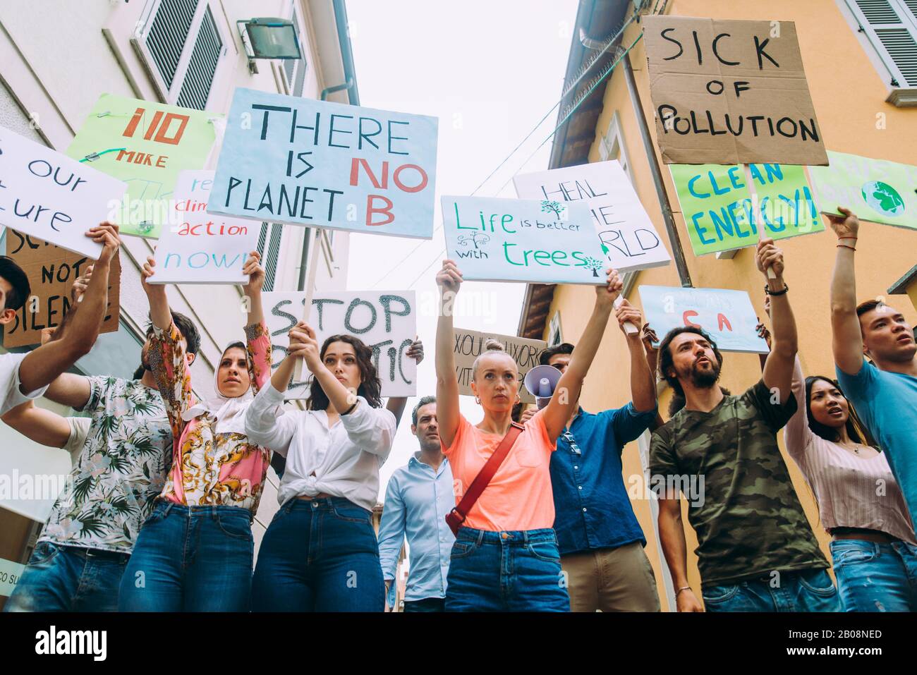 Public demonstration on the street against global warming and pollution ...
