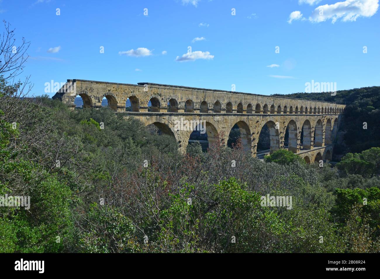 The Ancient Roman Pont du Gard aqueduct and viaduct bridge, the highest ...