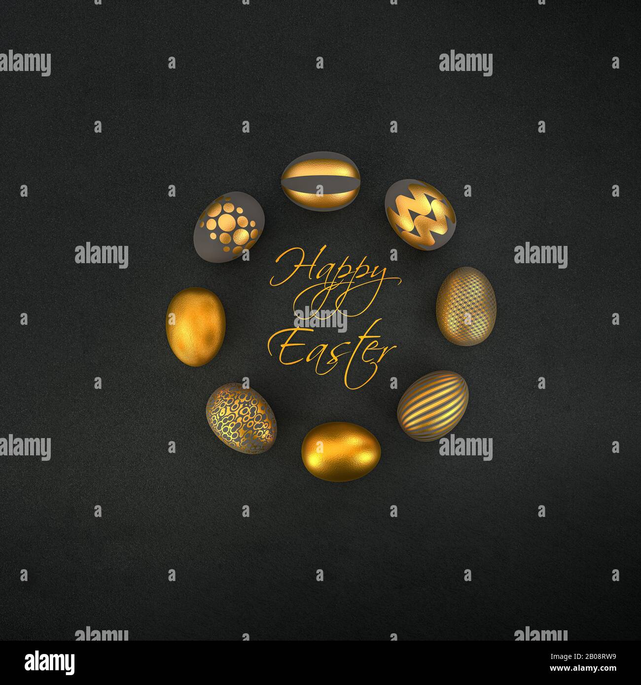Eight luxury easter Eggs with different patterns in gold lying in a ...