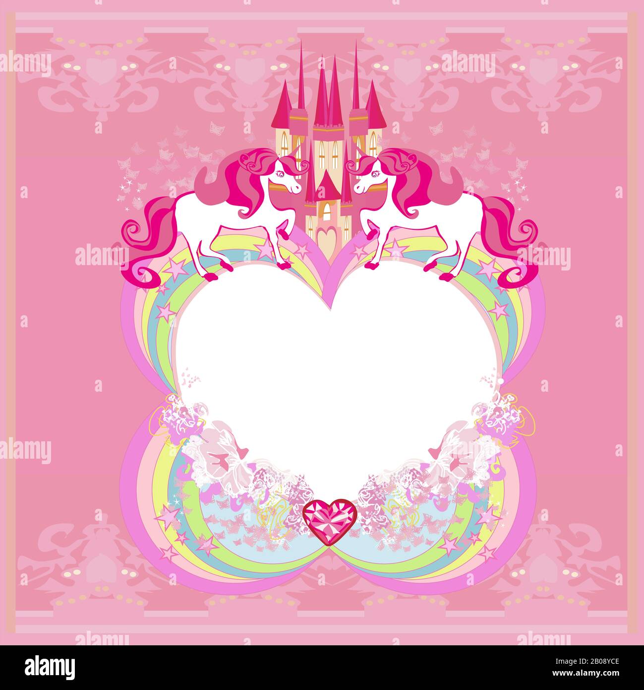 Cute unicorns and fairy-tale princess castle frame Stock Photo - Alamy