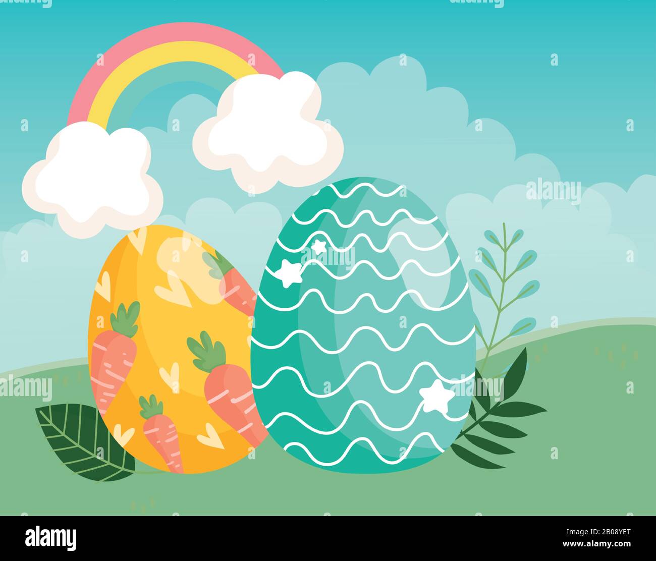 happy easter decorative eggs with carrots and lines in grass rainbow ...