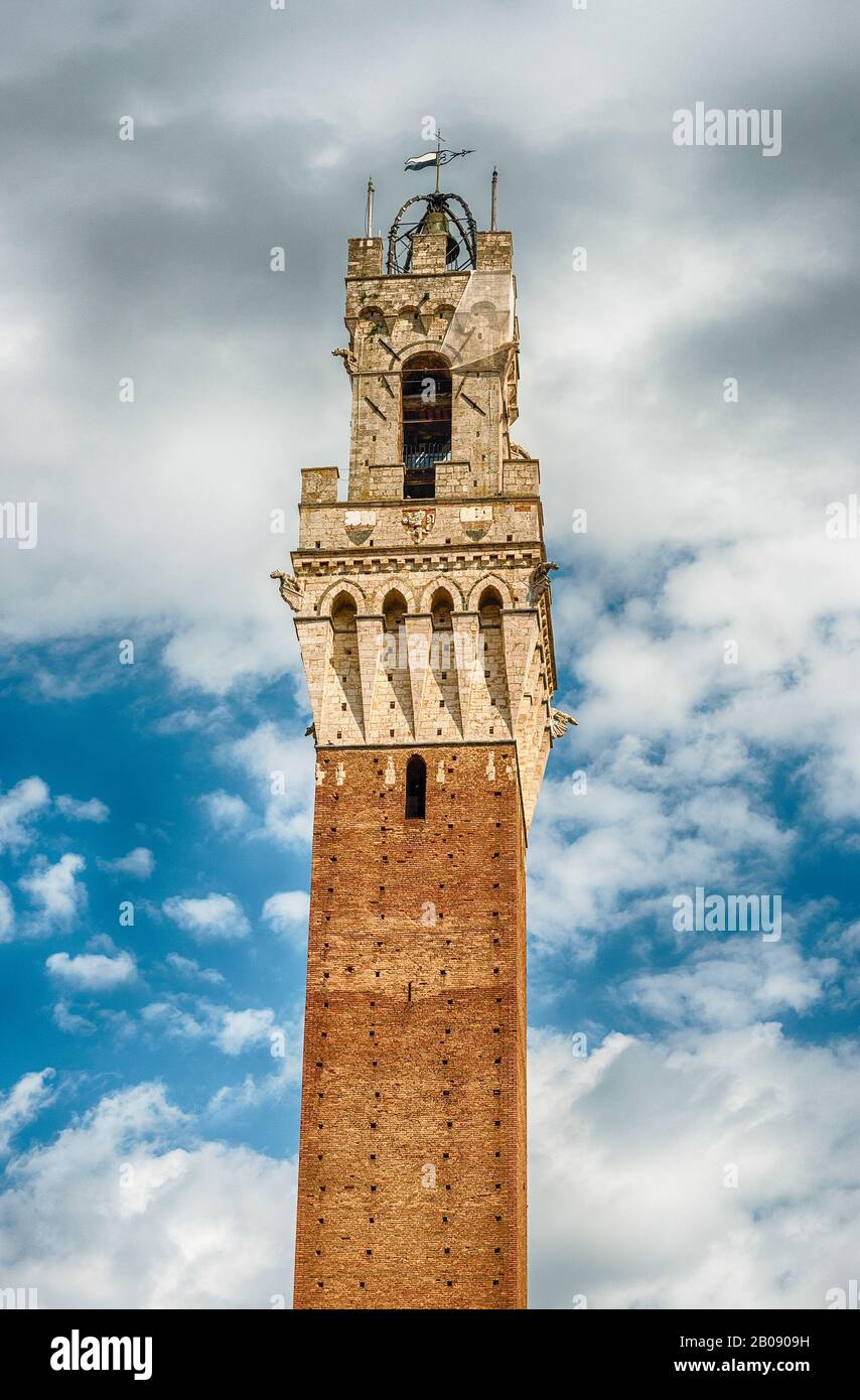 View of Torre del Mangia medieval tower, located in Piazza del Campo ...