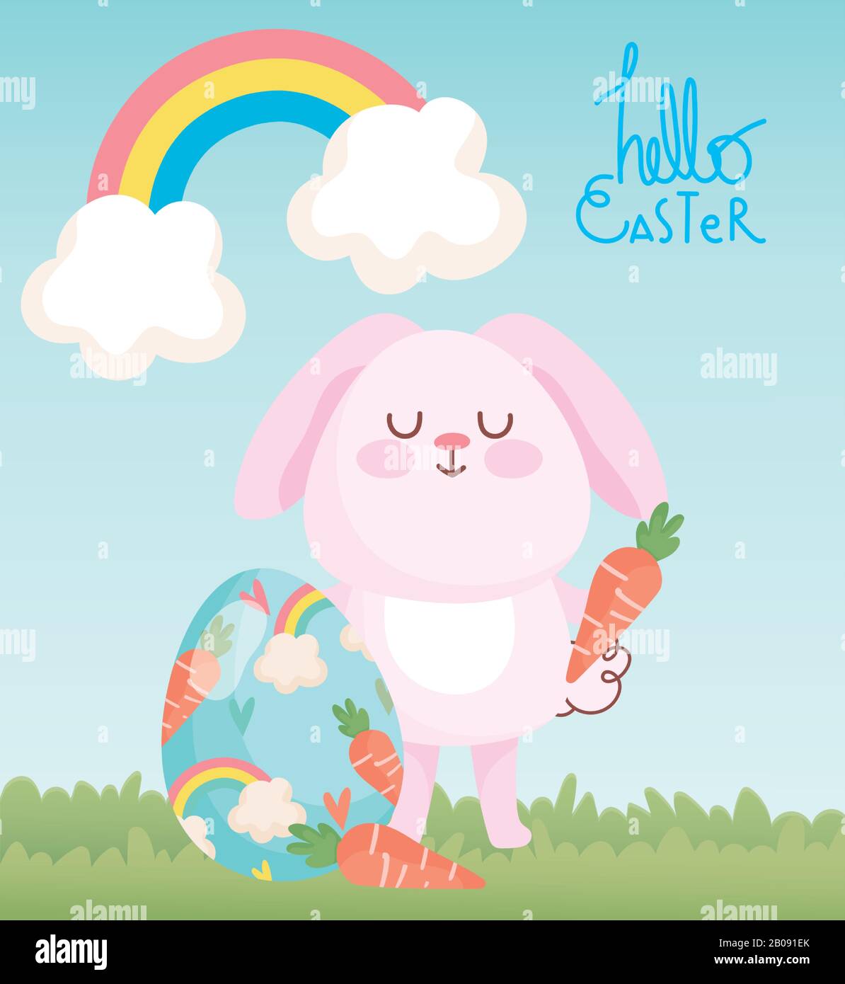 happy easter pink rabbit with carrots and painted eggs rainbow ...