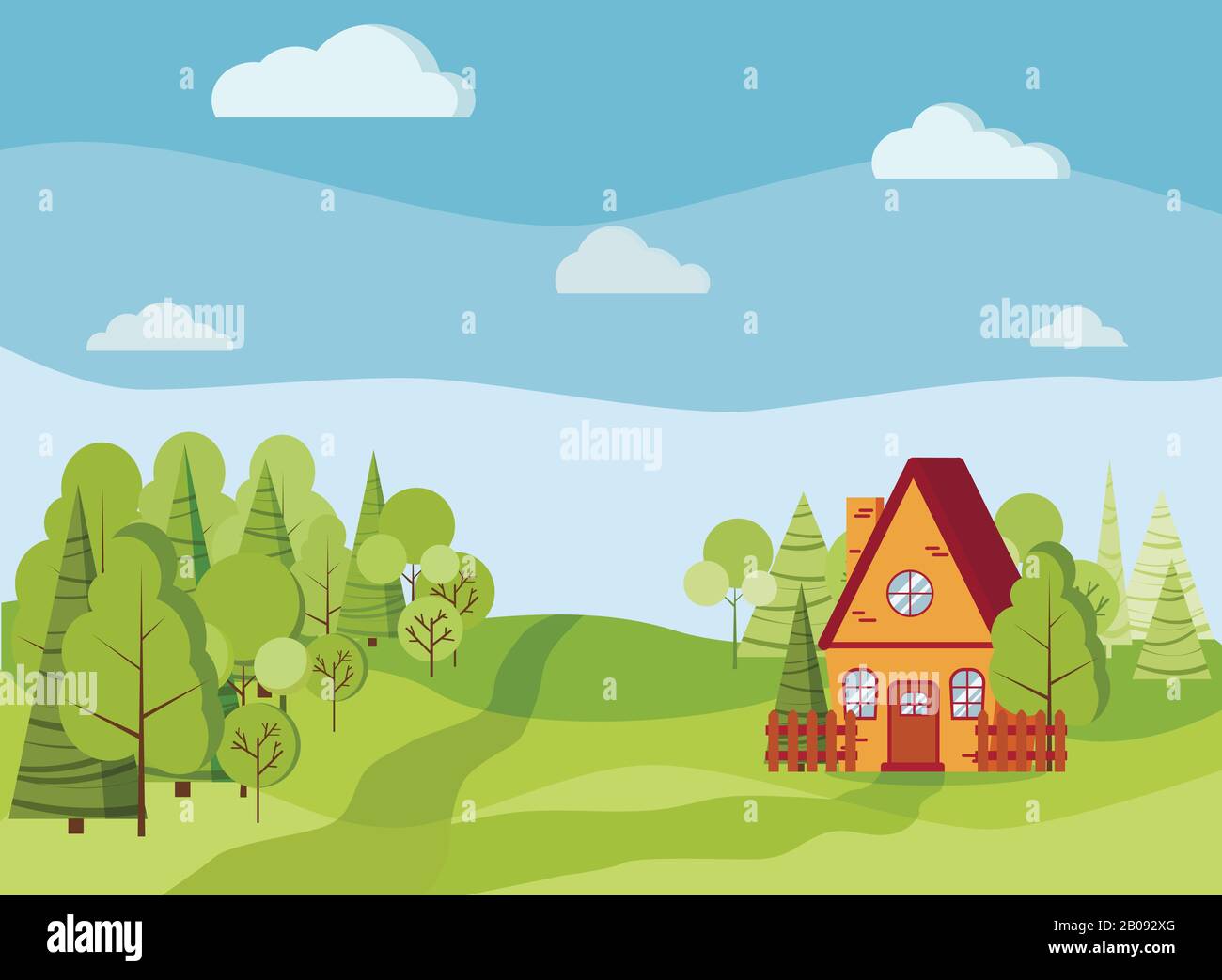 Spring or summer landscape with country house, green trees, spruces ...