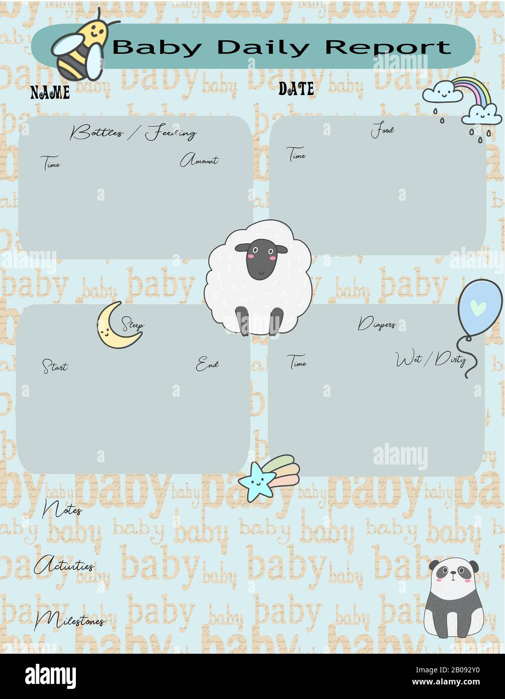 Baby daily report graphic illustration records infant schedules for ...