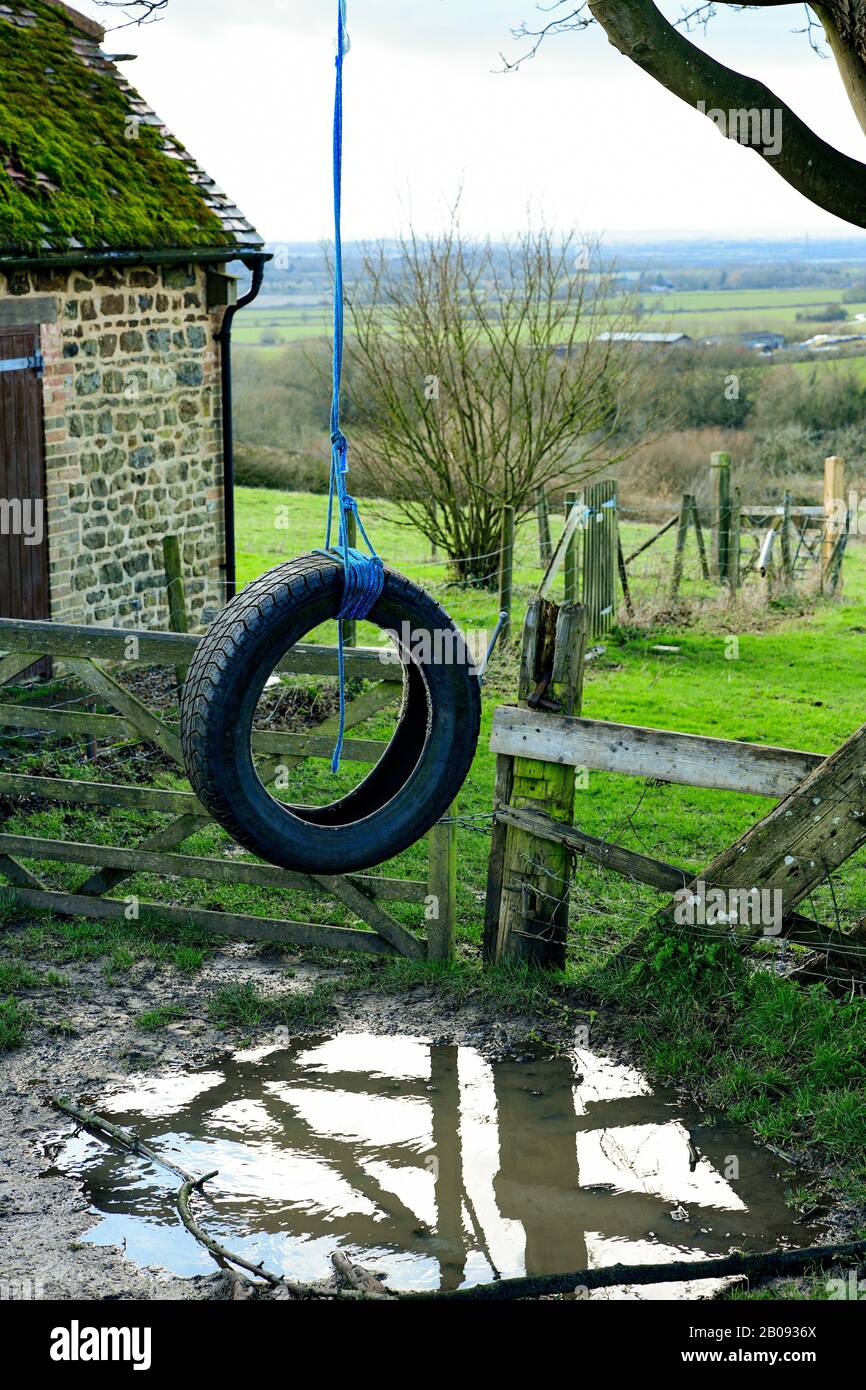 Old tyre swing at Brill Windmill: English countryside. Heritage site ...