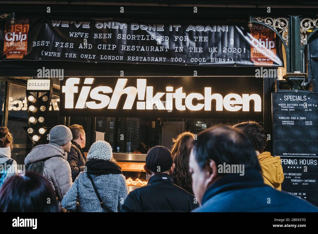 London, UK - November 29, 2019: Fish Kitchen stall in Borough Market ...