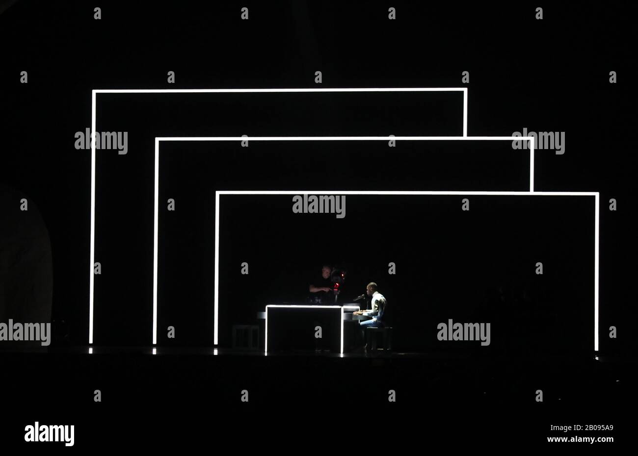 Dave performing on stage at the Brit Awards 2020 at the O2 Arena ...