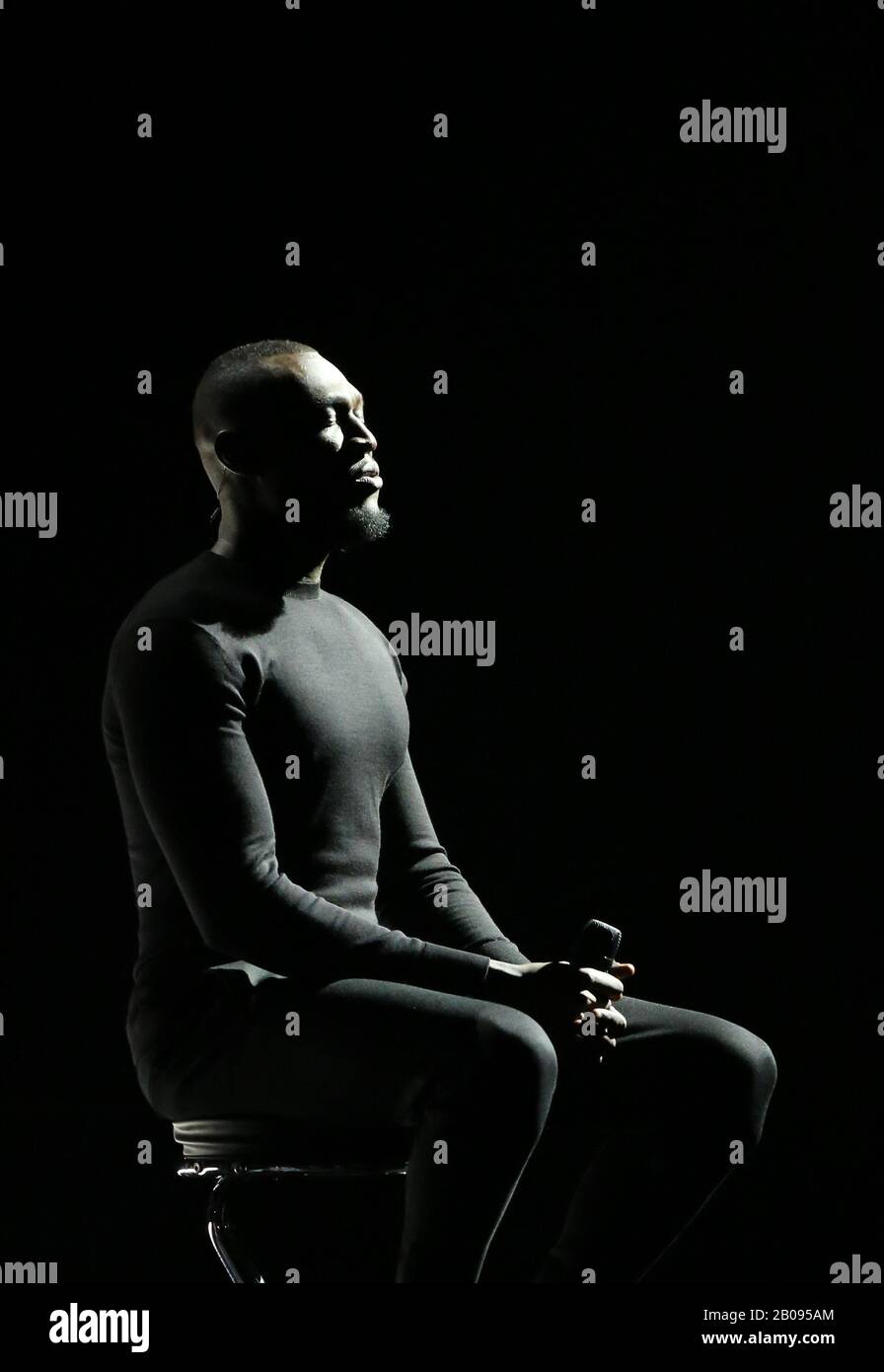 Stormzy performing on stage at the Brit Awards 2020 at the O2 Arena ...