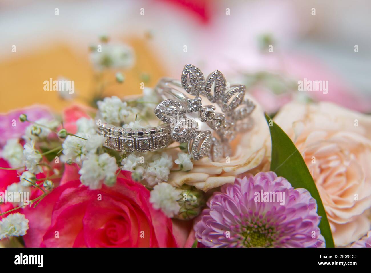 close up wedding ring on top of a colorfull bouquet. . macro .Close up ...