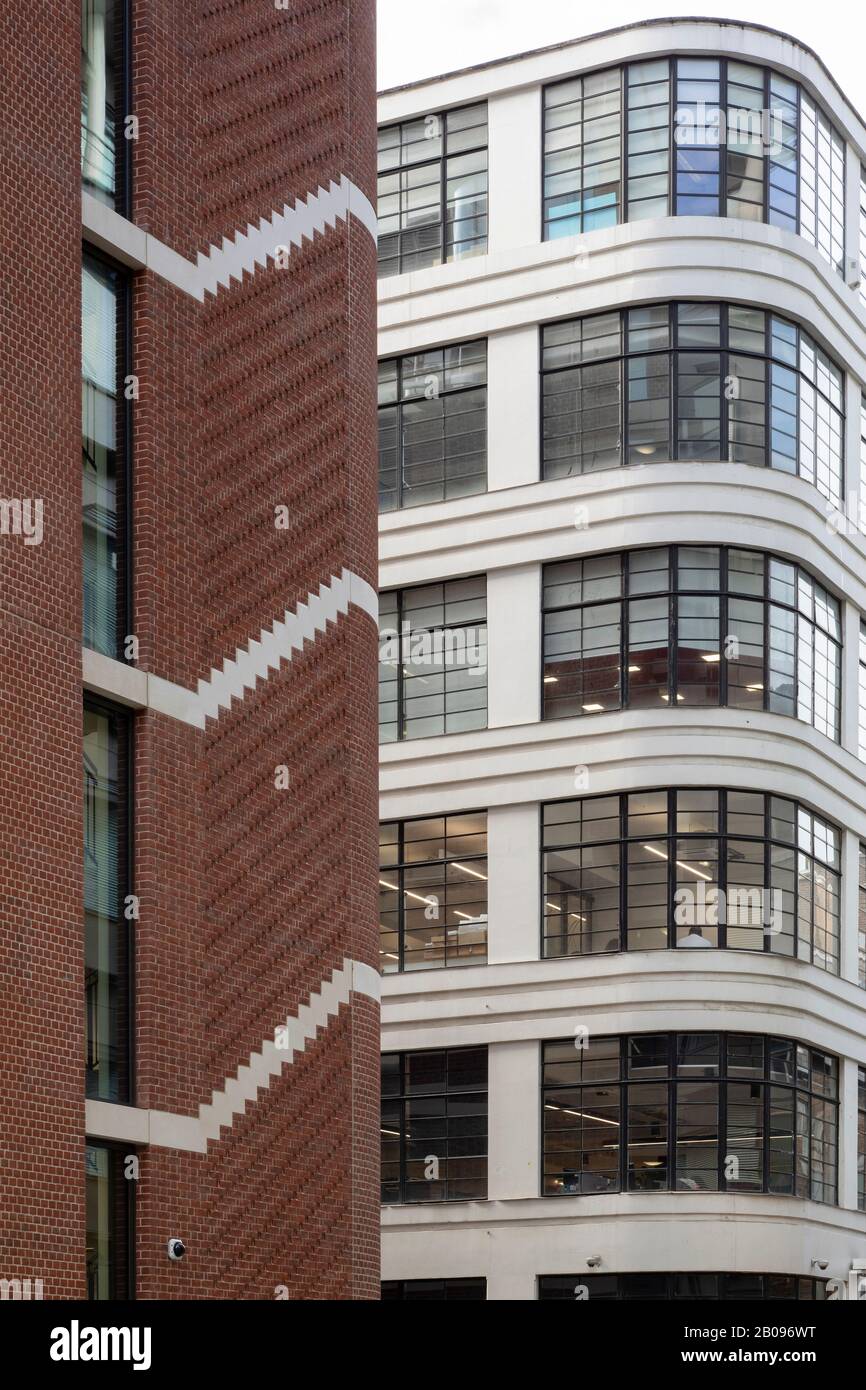 Detail view of curved brick corner. UCLH Eye Hospital, London, United ...