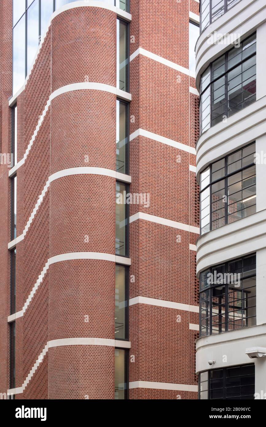 Detail view of curved brick corner. UCLH Eye Hospital, London, United ...