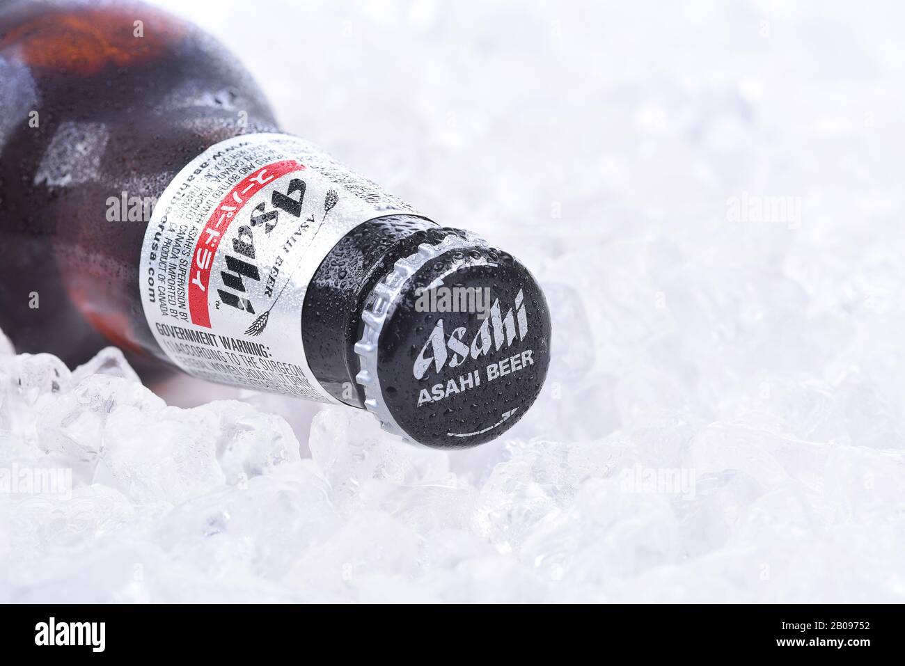 IRVINE, CA - AUGUST 26, 2015: A bottle of Asahi Super Dry Beer closeup ...