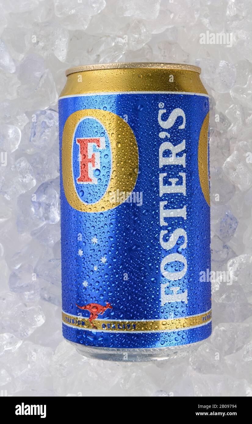 IRVINE, CA - JANUARY 12, 2015: A single 750ml can of Foster's Lager on ...