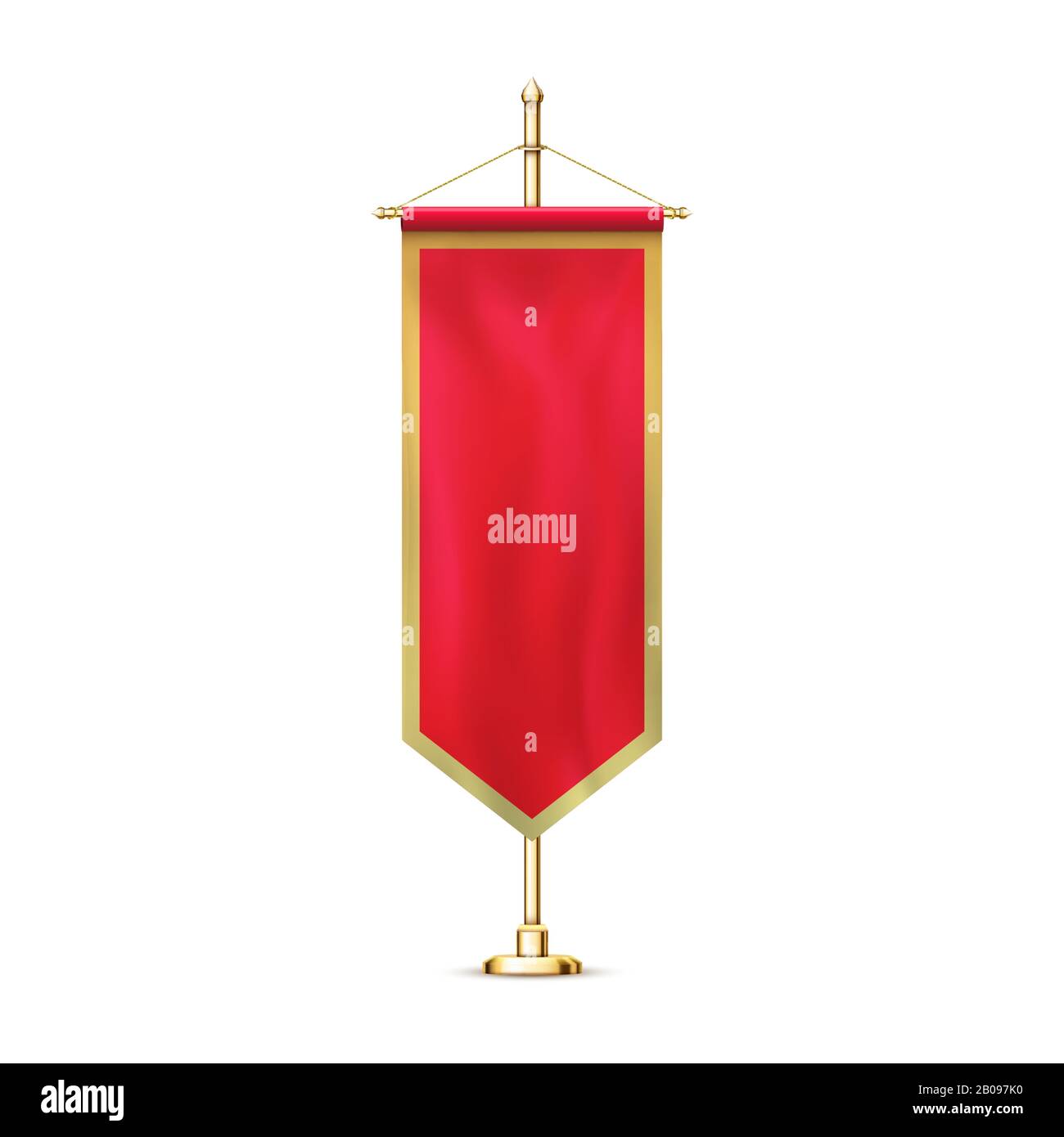 Blank red pennant flag mockup banner hanging golden rack pole realistic ...
