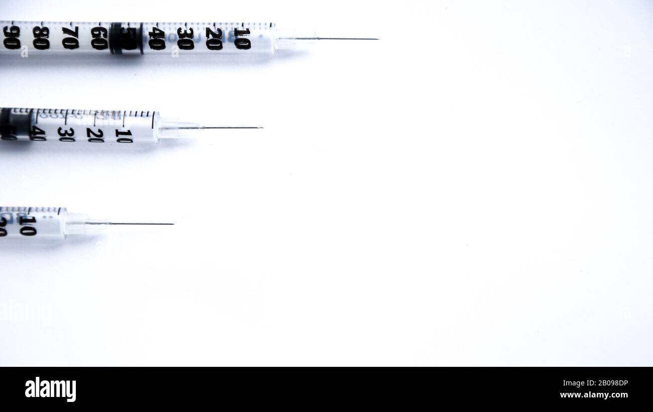 Banner Three insulin syringes isolated on white background. Pile of ...