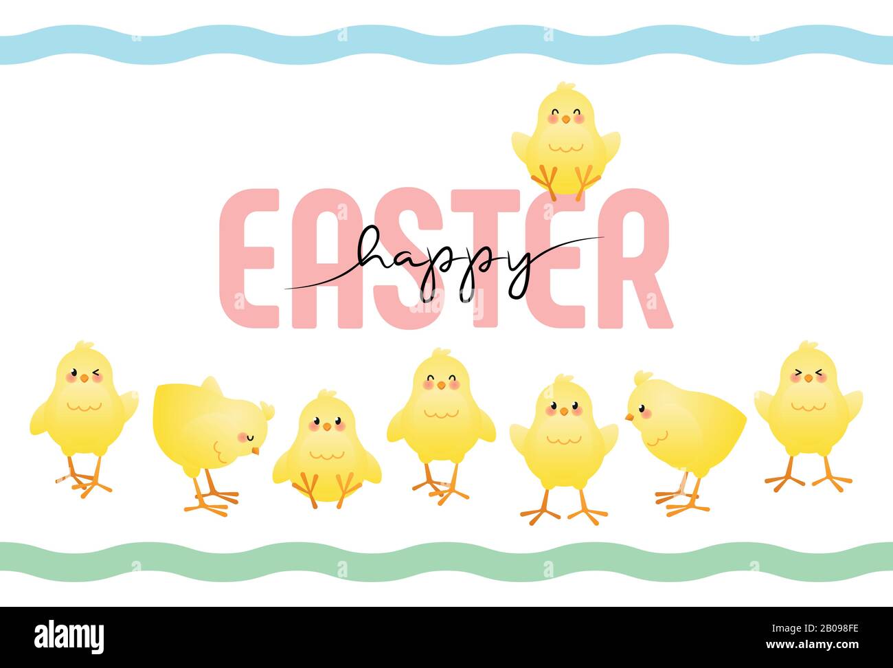 Happy Easter. A group of small chicks on a white background. Yellow ...
