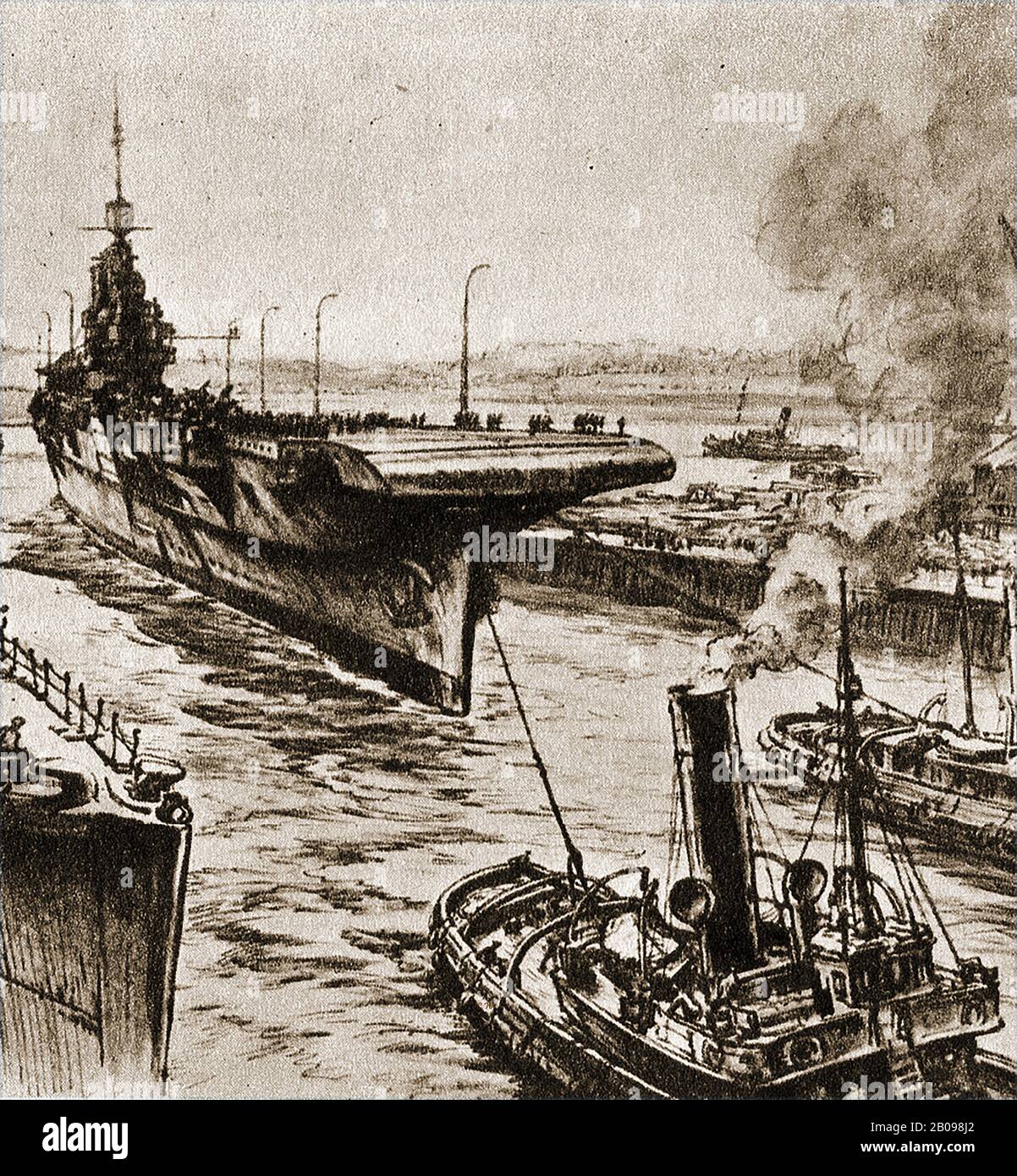 WWII The British warship (aircraft carrier) HMS Illustrious (R87) under ...