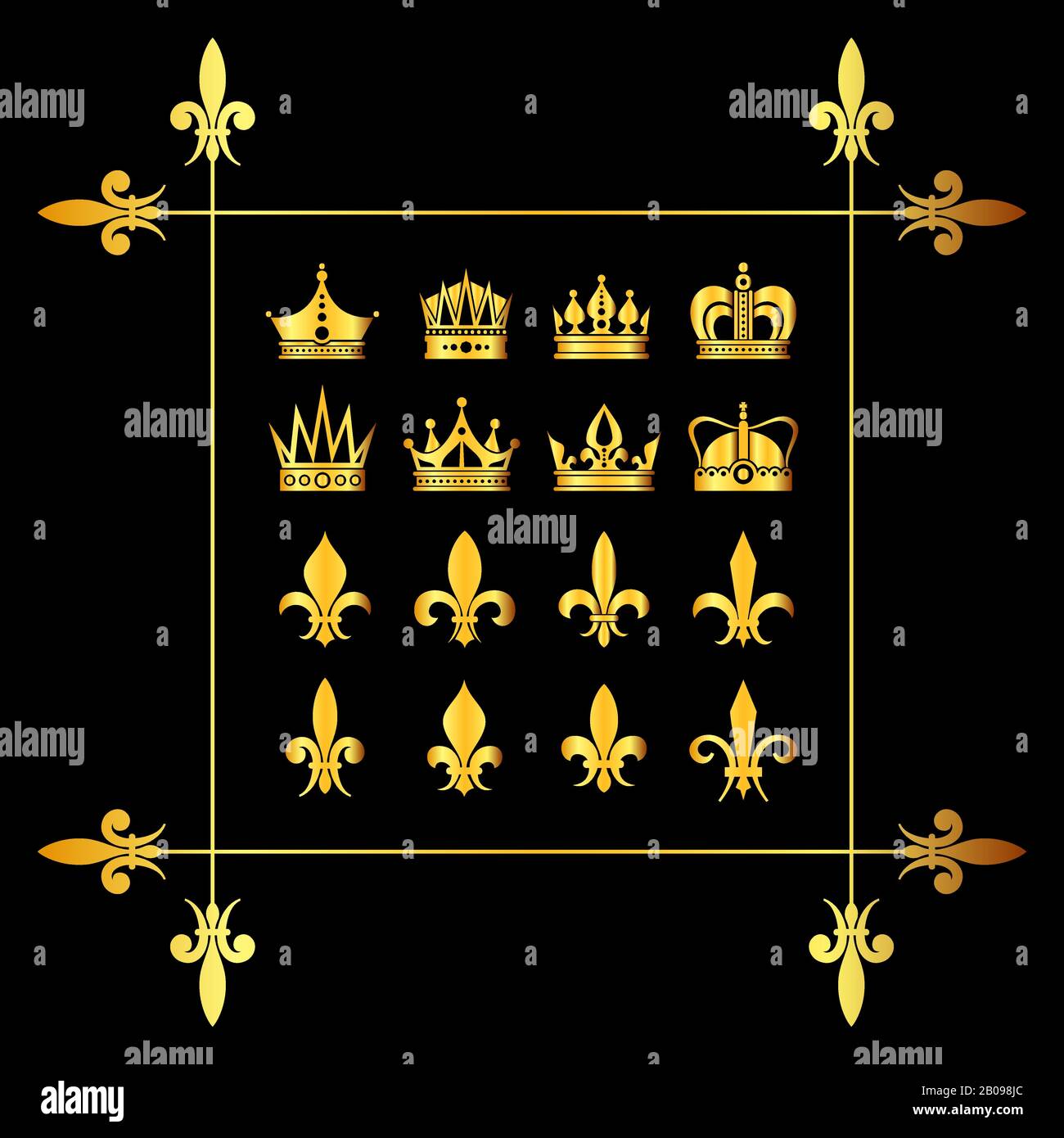 Set of golden vector crowns and fleur de lys black. Decoration medieval ...