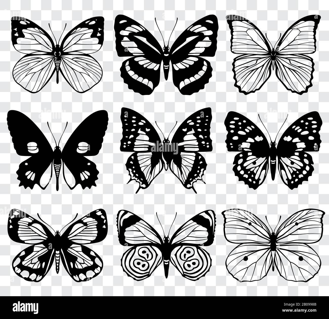 Butterfly silhouettes vector macro collection. Set of butterfly set ...