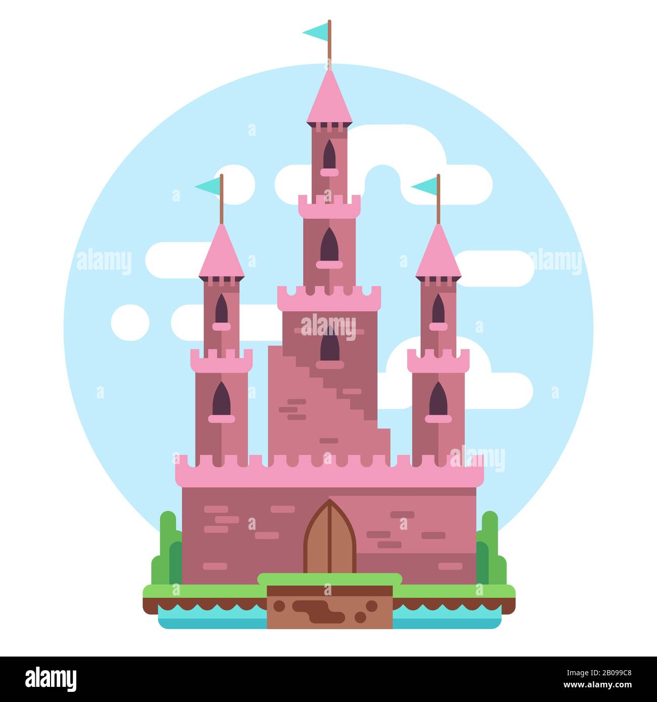 Cartoon fairy tale pink alcazar castle vector illustration. princess pink mysterious house with ...