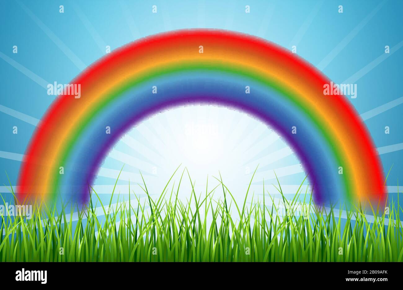 Bright rainbow blue sky with rising sun and green grass. Meadow ...