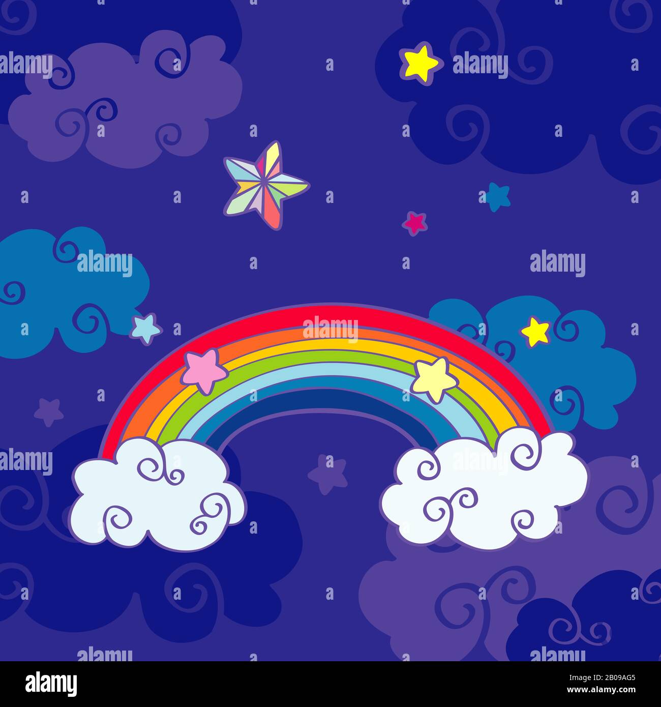 Hand drawn cartoon rainbow and clouds night sky. Magic art dream design ...