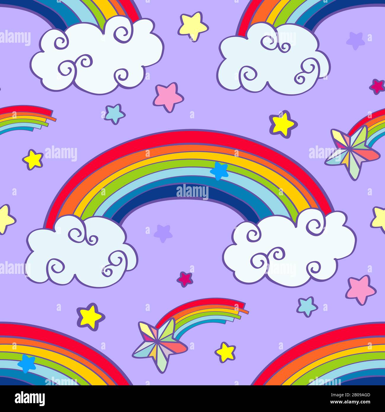 Hand drawn cartoon rainbow, clouds and falling stars seamless pattern ...
