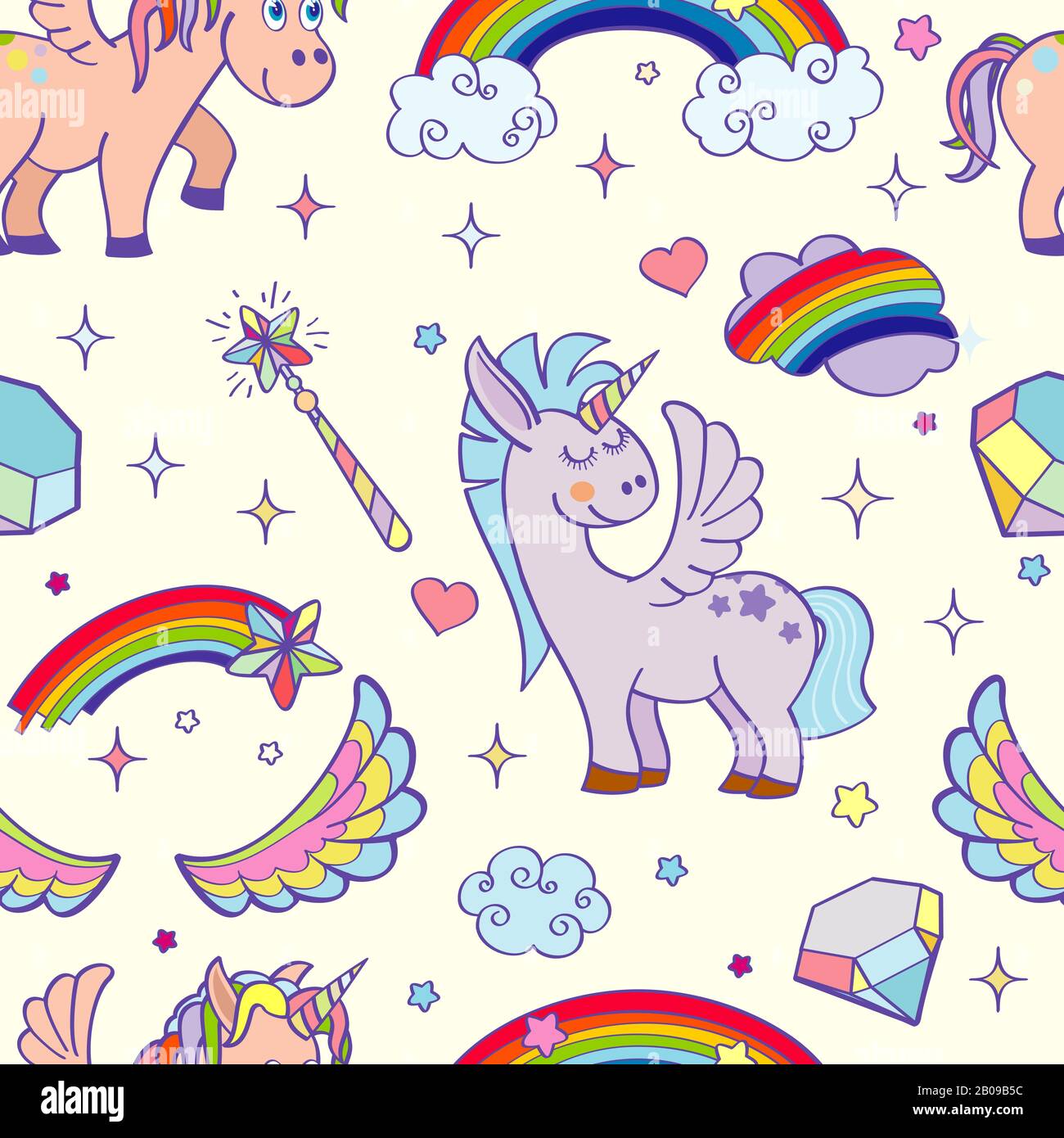Vector hand drawn unicorns and magic seamless pattern. Illustration of ...