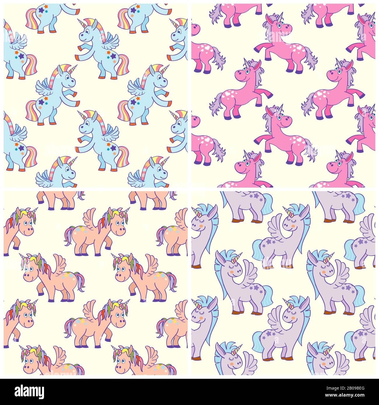 Vector hand drawn unicorns seamless patterns set. Background magic ...